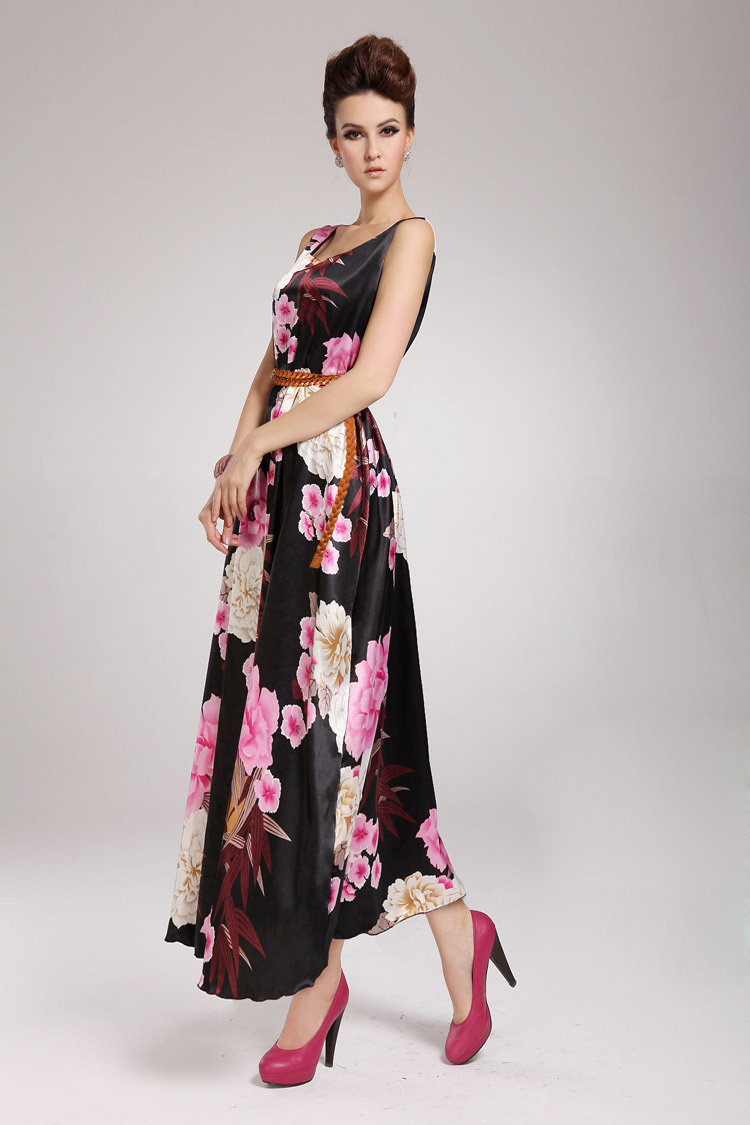 Fashion O Neck Flowers Print Tank Sleeveless Black Satin Straight Ankle