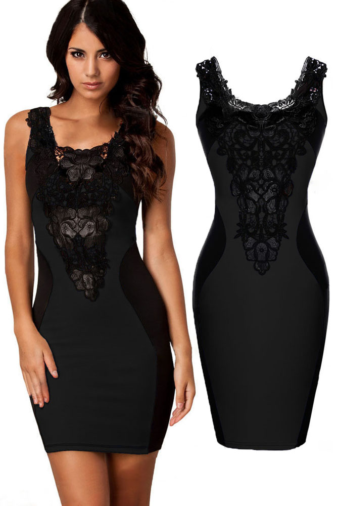 Sexy O Neck Tank Sleeveless Lace Decorated Patchwork Black Polyester