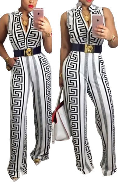 Trendy O Neck Tank Sleeveless Geometric Print White Polyester One Piece