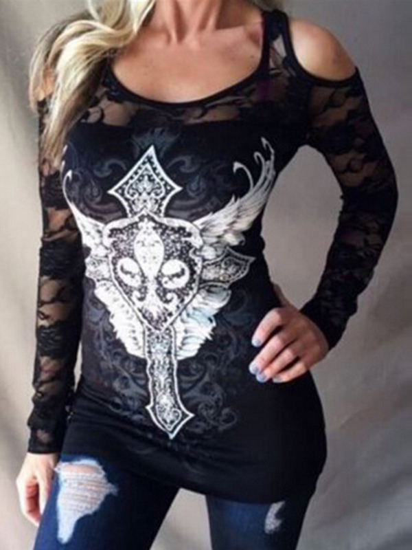 Stylish U-shaped Neck Long Sleeves Lace Patchwork Black T-shirt_T-shirt ...