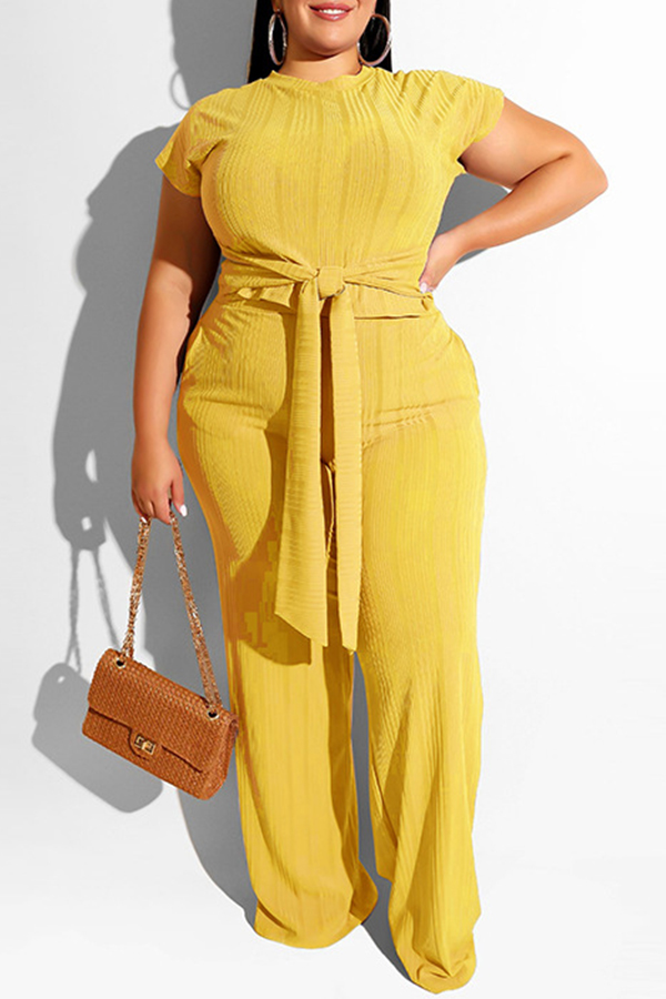 Lovely Casual Knot Design Deep Yellow Plus Size Two-piece Pants Set ...