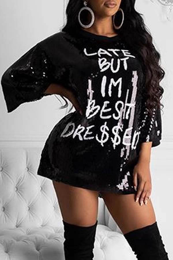 LW Sequined Letter Print Dress Sale | LovelyWholesale