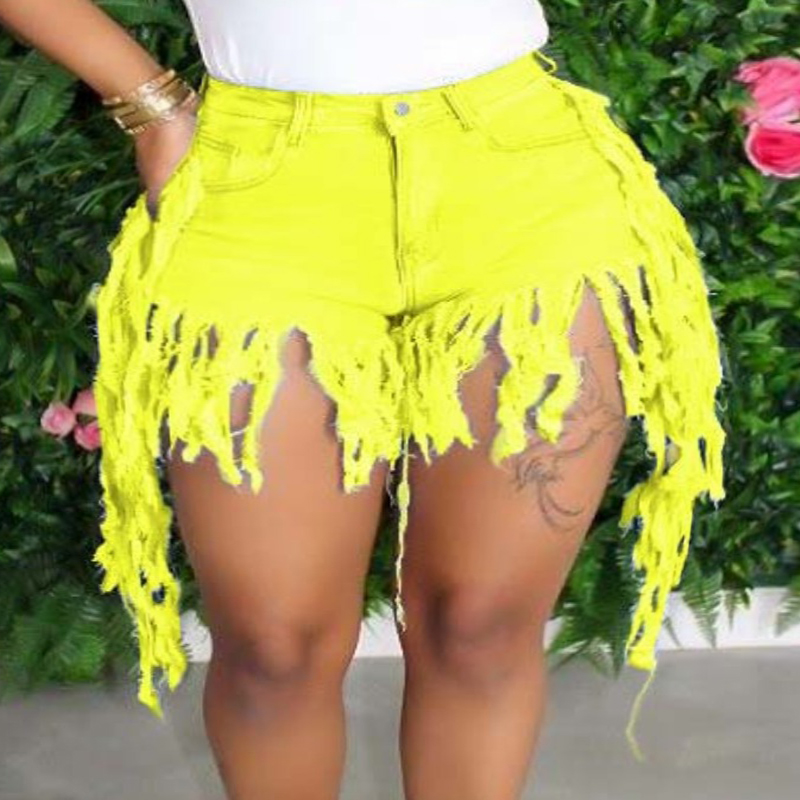 LW Plus Size Casual Tassel Design Yellow Denim Shorts Sale LW Plus Size Casual Tassel Design Yellow Denim Shorts Sale