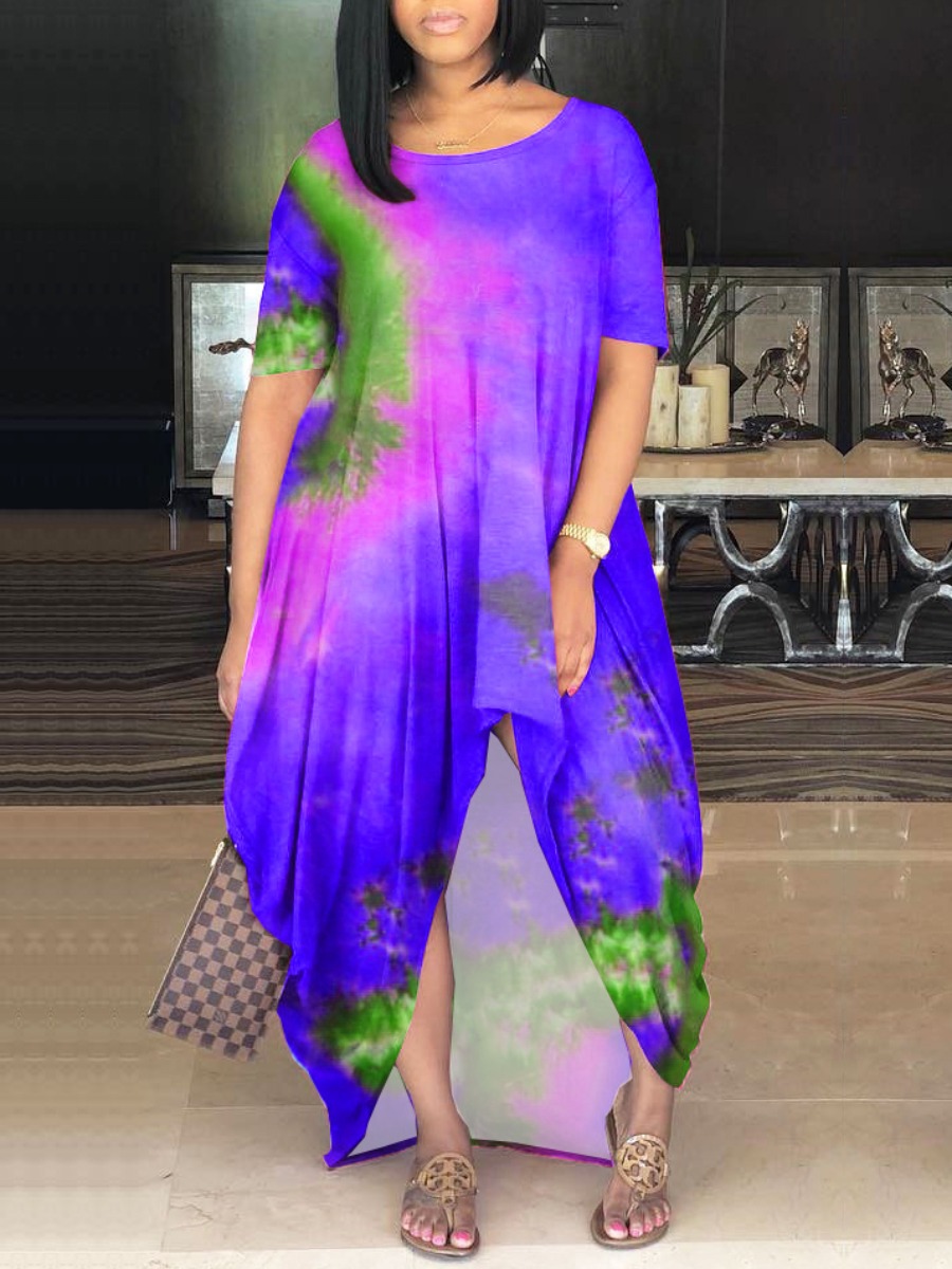 LW Plus Size O Neck Tie-dye Purple Dress Sale | LovelyWholesale