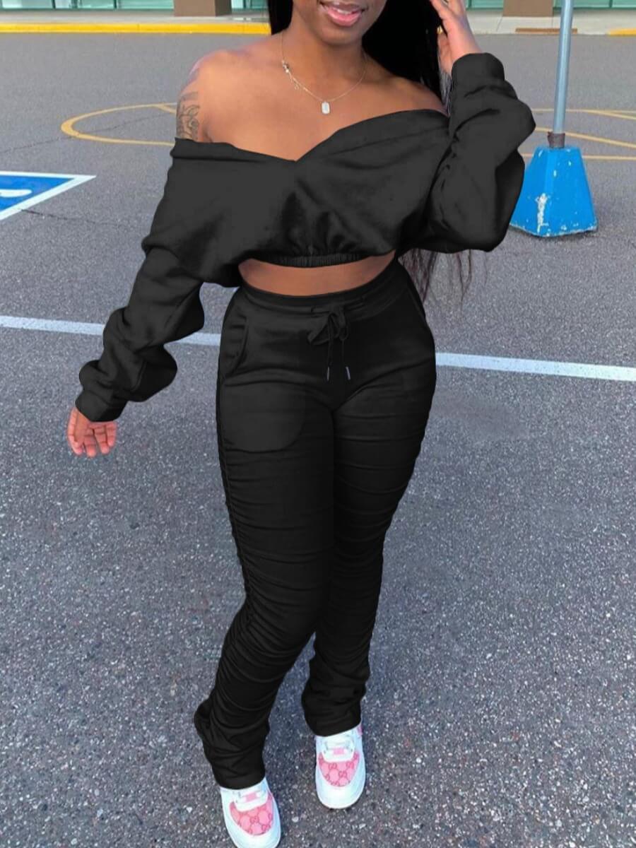 LW Off The Shoulder Ruched Drawstring Pants Set Sale | LovelyWholesale