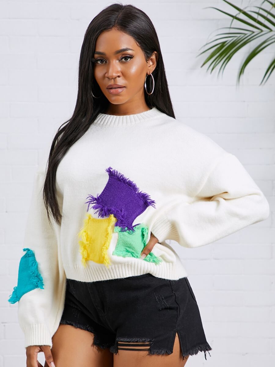 Lovely Street O Neck Patchwork White Sweater Sale | LovelyWholesale