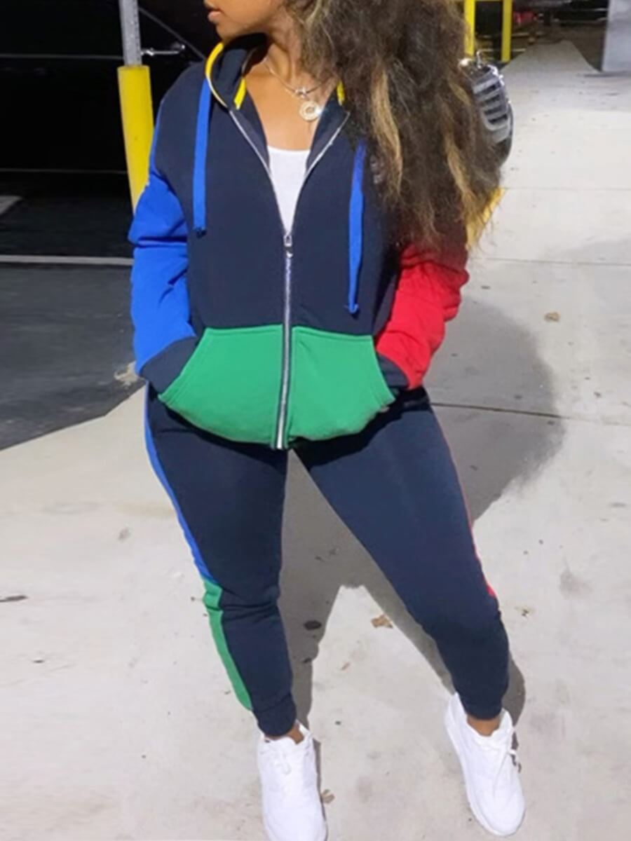 LW Hooded Collar Color-lump Stitching Royalblue Tracksuit Set Sale ...