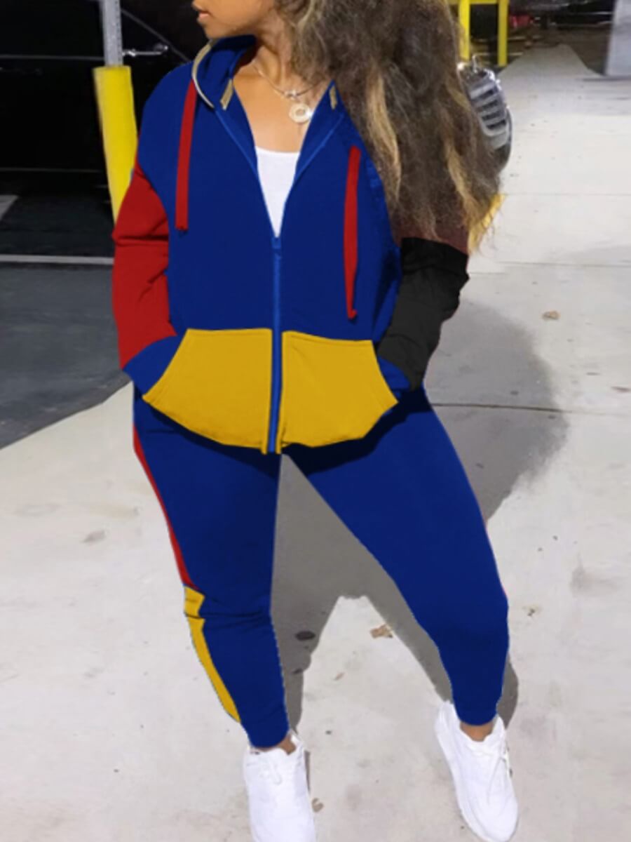 LW Sportswear Hooded Collar Color-lump Stitching Deep Blue Two Piece ...