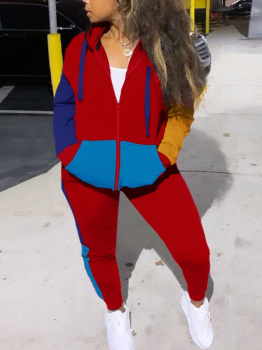 LW Sportswear Hooded Collar Color-lump Stitching Red Two Piece Pants ...