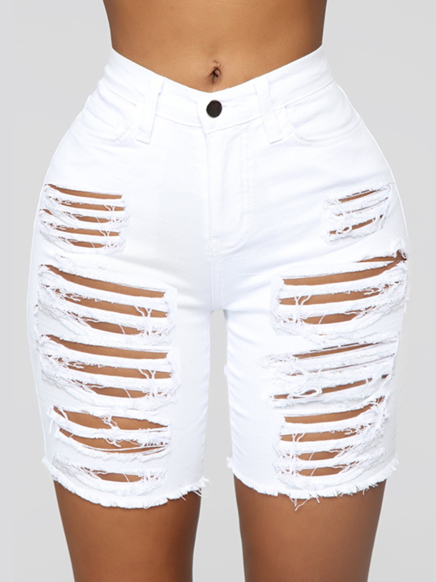 LW Street High-waisted High Stretchy Ripped White Denim Shorts Sale ...