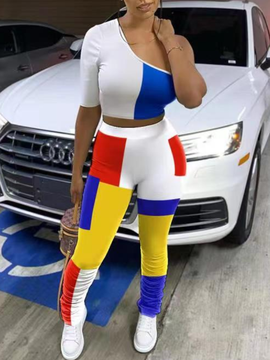 LW One Shoulder Color-lump Pants Set Sale | LovelyWholesale