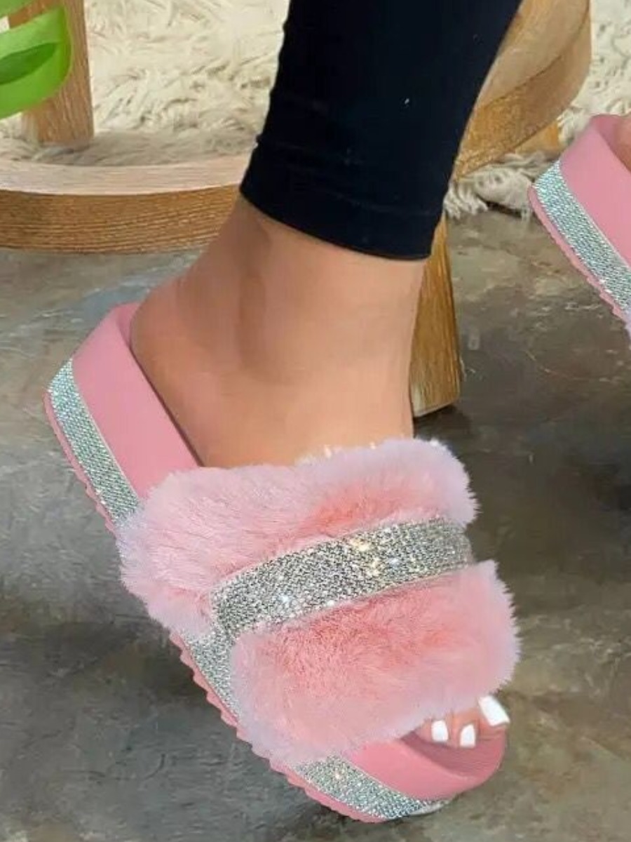 LW Plush Rhinestone Platform Slides Sale | LovelyWholesale