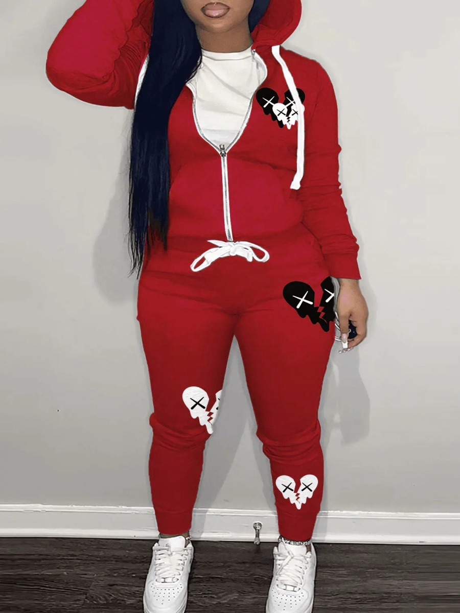 LW Heart Print Kangaroo Pocket Tracksuit Set Sale | LovelyWholesale