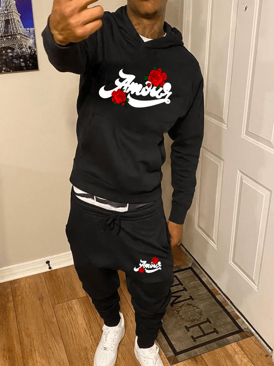 LW Men Rose Flower Letter Print Kangaroo Pocket Tracksuit Set Sale ...