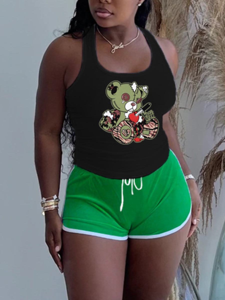 LW Bear Cami Cartoon Print Drawstring Shorts Set Sale | LovelyWholesale