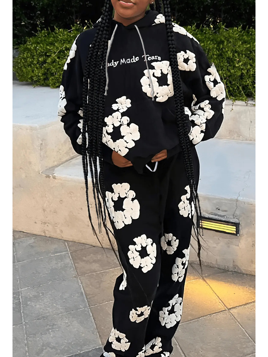 LW Hooded Collar Floral Print Tracksuit Set Sale | LovelyWholesale