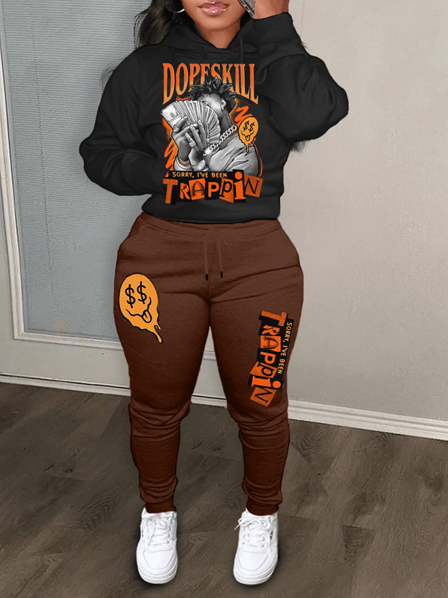 LW Plus Size Money Letter Print Kangaroo Pocket Tracksuit Set Sale ...