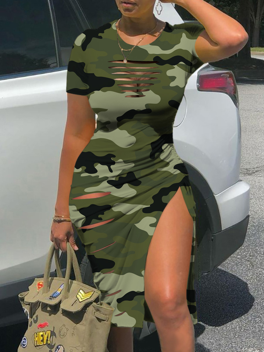 LW Camo Print Ripped Ruched Drawstring Bodycon Dress Sale | LovelyWholesale